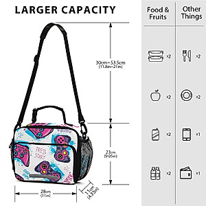 KOCOART Doodles Game Joystick Lunch Bag for Women Men Gamepad Insulated Cooler Tote Bag with Adjustable Shoulder Strap Large Capacity Reusable Leakproof Picnic Lunch Box Outdoor for Adult Office