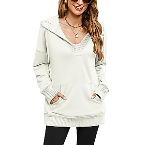 Womens Oversized Sweatshirt V Neck Long Sleeve Hoodie Lightweight Pullover Tops with Pockets White