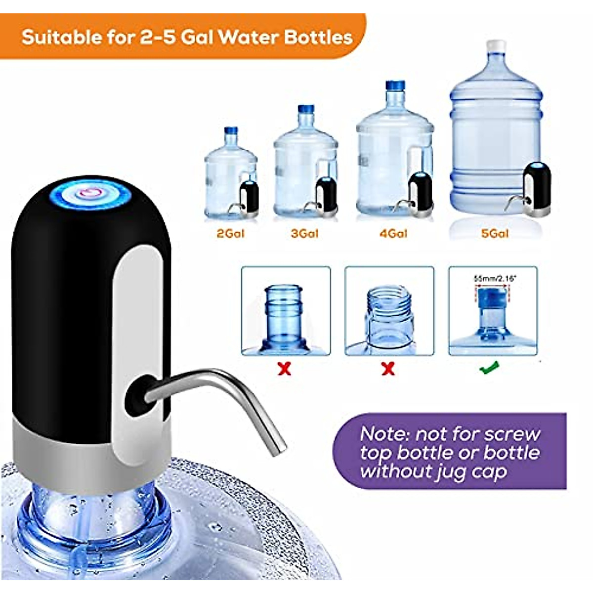 TBZWater Pump 5 Gallon Water Dispenser with USB Charging Automatic Electric Portable for Use of 2-5 Gallons Bottles Ideal for Home Kitchen Office and Outdoors (Black)