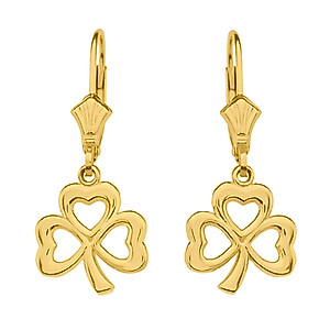 Good Luck Three Leaf Heart Clover Leverback Earrings in 10k Yellow Gold