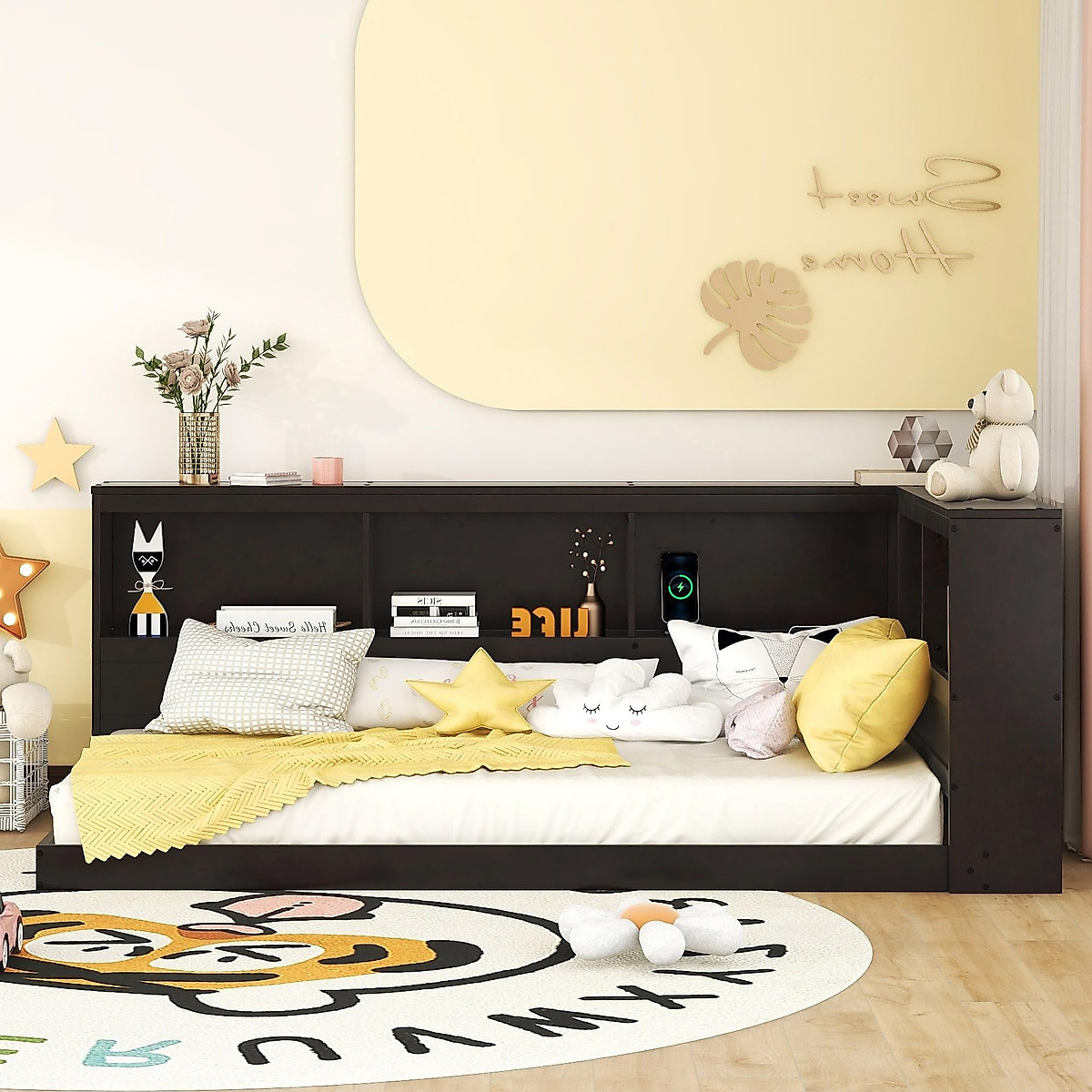 BestLM Wood Twin Size Daybed Floor Bed with Storage Cabinets and USB Ports for Kids Teens Boys Girls, Espresso