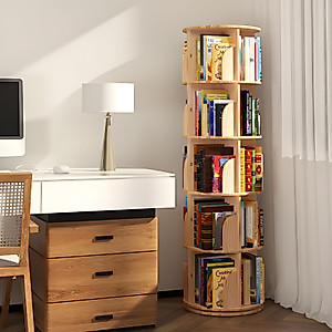 Feuusec Solid Wood Rotating Bookshelf Tower, 5 Tier 360° Display, Stackable Spinning Bookshelf for Kids & Adults, Corner Bookshelf for Small Space, Narrow Book Shelf Organizer