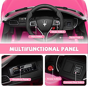 TOBBI Kids Ride on Car, 12V Licensed Maserati Ghibli, Electric Car for Boy Girl with Remote Control, 3 Speeds, Music, Bright Lights, MP3, USB, Electric Vehicle for Kids Ages 3-6 Years, Pink