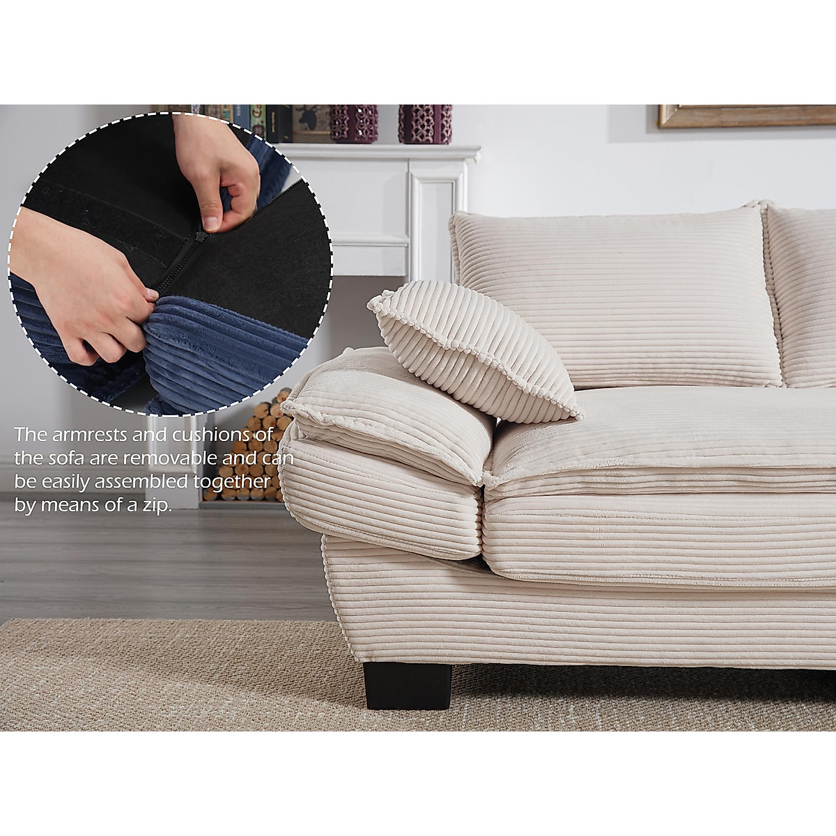 Aeffze Oversized Loveseat Sofa, 90" Modern Loveseat Couch 2 Seater Upholstered Sectional Sofa with Pillows, Deep Seat Comfy Corduroy Sofa Couch for Living Room Bedroom Apartment (Beige)