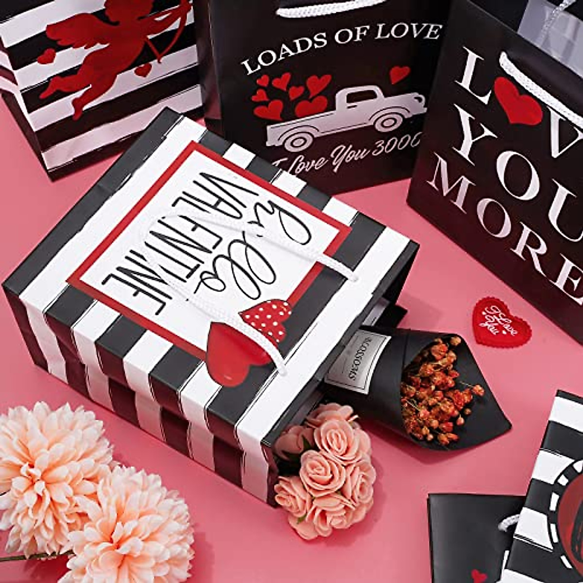 Whaline 12Pcs Valentine's Day Paper Gift Bags with Handle White Black Stripe Candy Goodie Bag Heart Love Truck Cupid Holiday Treat Bags Party Favor Bags for Wedding Engagement Wrapping Gift Supplies