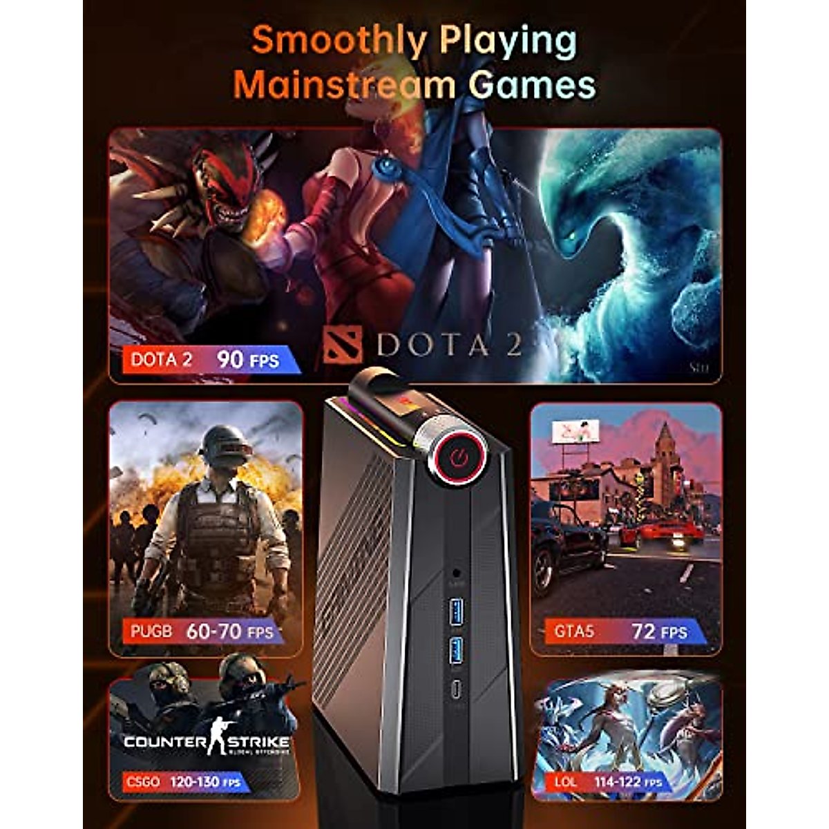 KAMRUI Ryzen Mini PC Gaming,32GB DDR5 Dual Channel 512GB SSD Mini Computer Tower with AMD Ryzen 7 7735HS, Small Desktop Computers Support 4K Triple Screen,RGB Lights,WiFi6,BT5.2,Type C,Windows 11 Pro