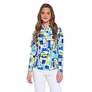 IBKUL Women’s Sun Protective UPF50+ Icefil tech Mondrian Print Long Sleeve Mock Neck Top - 10854 Multi Mondrian M