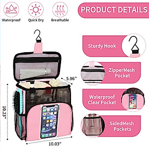 Shower Caddy Portable, Large Capacity Shower Caddy Dorm Tote bag, Hanging Shower Bag for College Dorm Room Essentials, Quick Dry Mesh Toiletry Bag with Phone Pocket for Boys and Girls (pink)