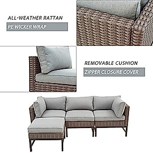 Festival Depot 4-Piece Patio Conversation Set Sectional Corner Sofa Combination Outdoor All-Weather Wicker Metal Armless Chairs for Porch Lawn Garden Balcony Pool Backyard, Brown