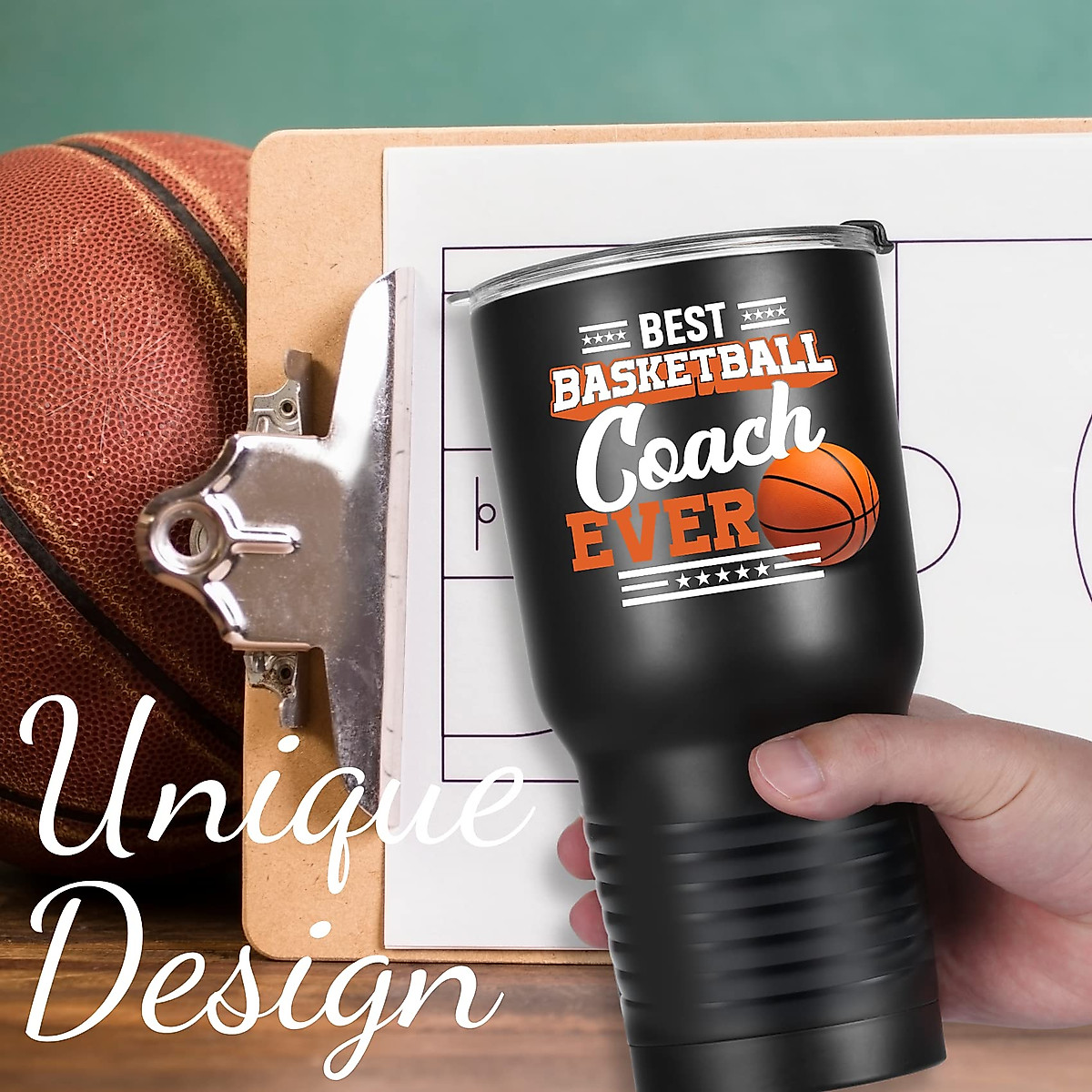Onebttl Basketball Coach Gifts - Stainless Steel Tumbler 30Oz, Black - for Dad, Son, Man, Coworker, Friends, Teammates on Birthday (Best Coach Ever)