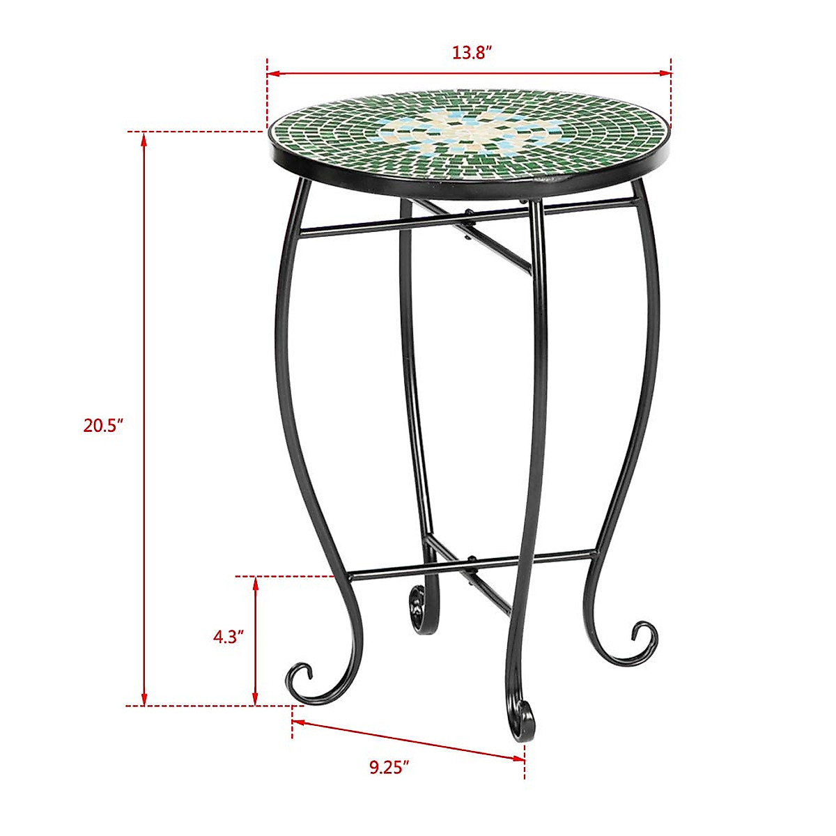 Outdoor Side Table, Metal Coffee End Table, Mosaic Accent Table, Small Terrace Bistro Table, Plant Stand for Patio Porch Beach Balcony, Glass Top & Black Iron, 14 Inch (Green Flowers)