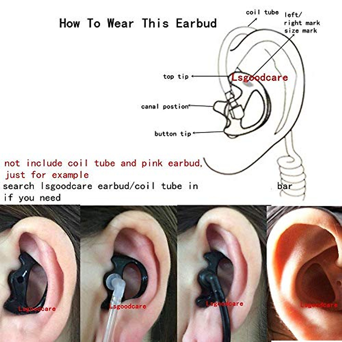 Replacement Earmold Earbud (Left and Right Ear) for Two Way Radio Acoustic Coil Tube Earpiece - Open Ear Insert Earmould Earbuds Black, Medium, Soft Silicone Material, 10 Pairs, Lsgoodcare
