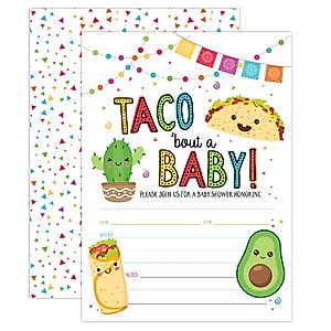 Fiesta Taco Bout A Baby Shower Invitations with Book Request and Diaper Raffle Card, 25 Fill in Invites and Envelopes