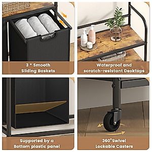 kepptory Laundry Basket 3 Section, 3 × 11.5 Gal (47L), Laundry Hamper Laundry Sorter 3 Section with Shelves and Clothes Hanging Bar, Rolling 3 Compartment Laundry Hamper for Laundry Bathroom Bedroom