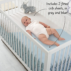 OBERLUX Crib Bedding Set for Boys | 4-Piece Baby Nursery Bedding Crib Set | Geometric Patterns, Shiny Silver, Baby Blue & Marble Prints | Precious Collection