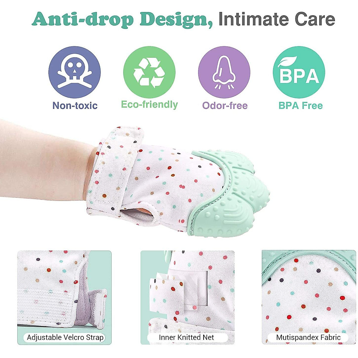 Baby Teething Mitten for Babies - Self-Soothing Pain Relief Teething Toys Glove for Teething Babies, Toddlers, Infants, Unisex - Natural Organic BPA Free,3+ Months (Mint Green)