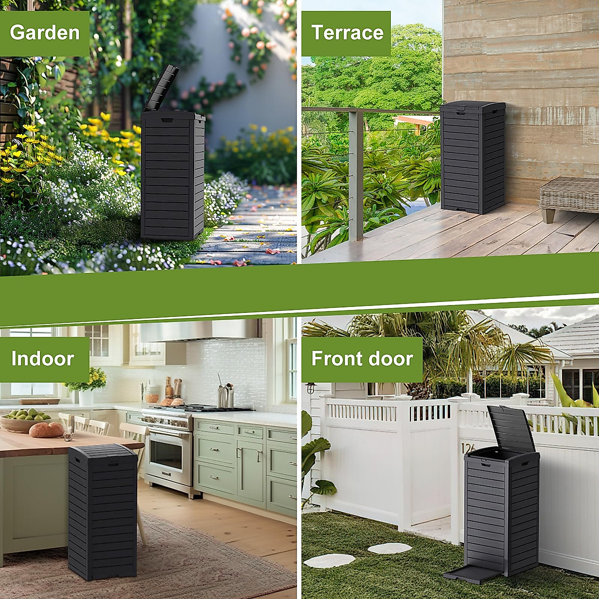 PatioZen 31 Gallon Outdoor Trash Can, Waterproof Trash Can Cabinet for Outside, Resin Garbage Bin with Lid and Drip Tray for Easy Cleaning for Patios, Kitchens, and Outdoor Entertaining（Black）