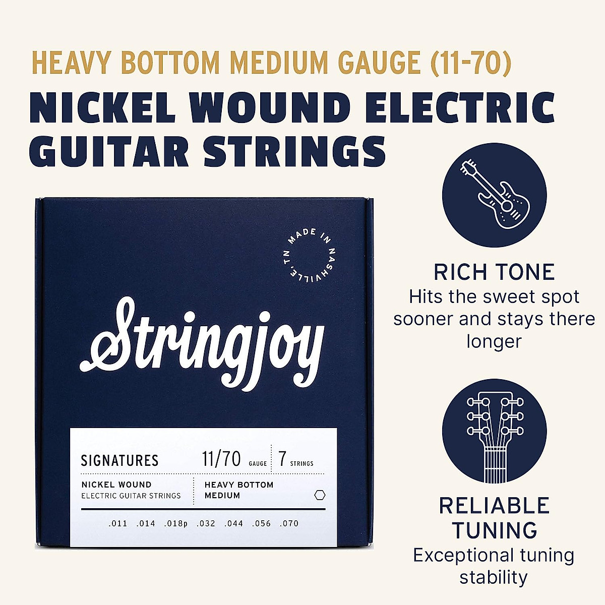 Stringjoy HVY117, 7 String Signatures Electric Guitar Strings, 11-70 Heavy Bottom Medium Gauge, 7-String Nickel, Electric Guitar Accessories, Replacement Guitar Strings for Electric Guitar