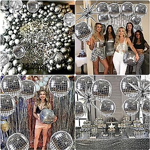Cadeya 12 Pcs Disco Ball Balloons, Huge Silver Explosion Star Aluminum Foil Balloons for Birthday, Bachelorette Party, Silver Party, 70s 80s 90s Theme Disco Party Decorations Supplies