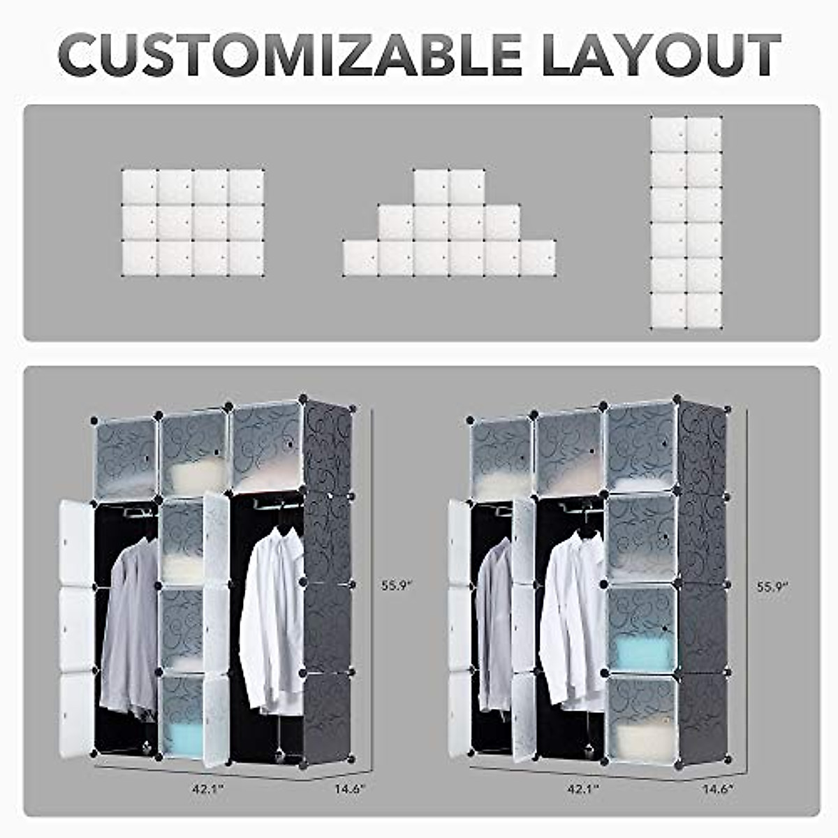 Work-It! Modular Wardrobe | Portable Clothes Closet and Dresser Garment Rack | Storage Organizer Bedroom Armoire Cubby Shelving Unit Multifunction Cabinet DIY Furniture, Black, 12 Cubes