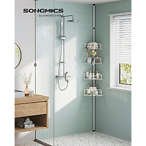 SONGMICS Corner Shower Caddy Tension Pole, 4-Tier Rust-Resistant Shower Organizer, Shower Shelf, No Drilling, 31.5 to 127.2 Inches, Height Adjustable Shelves, for Bathroom, Cloud White UBCB003W01