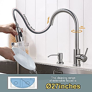 WOWOW Kitchen Sink Faucet with Soap Dispenser, Stainless Steel Pull Down Kitchen Faucet Brushed Nickel Utility Sink Faucet Single Handle High Arc Kitchen Tap for Sink, RV, Laundry, Bar