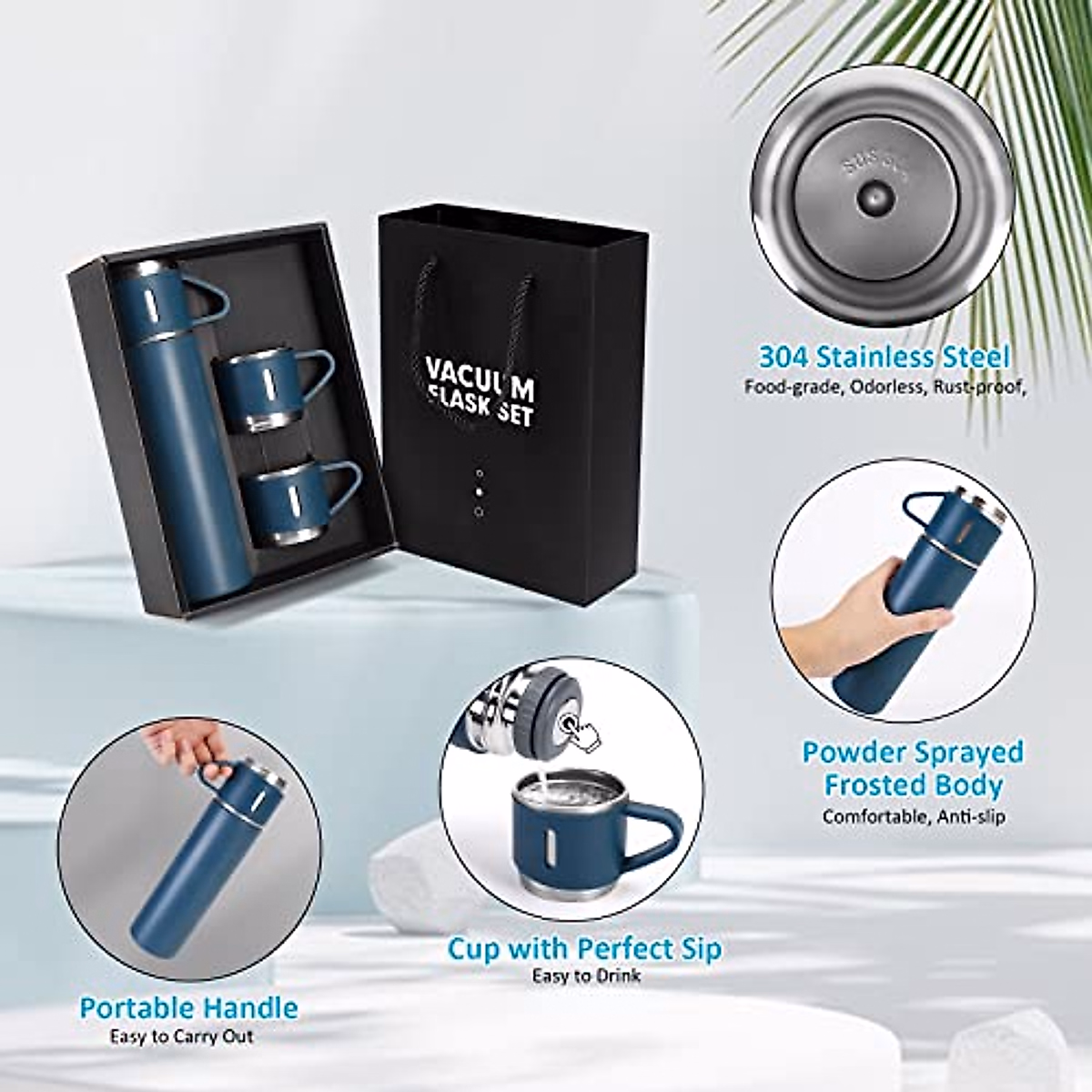 MOLINGRITAR Insulated Water Bottle with 3 Cups Stainless Steel Vacuum Thermos Flask Set with Handle for Men Women, Leak Proof Coffee Mug with Lid for Sport Travel Office School