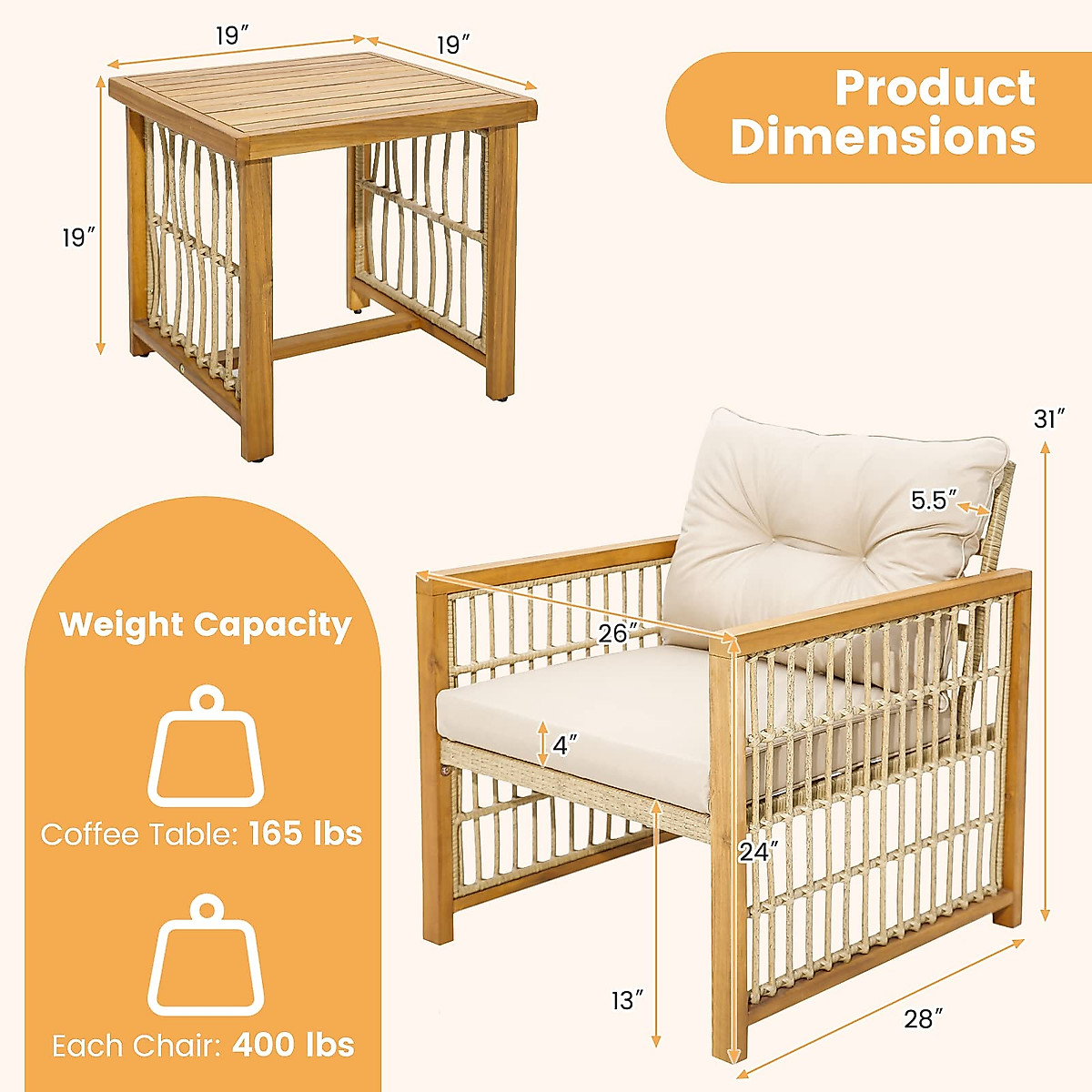 HAPPYGRILL 3 Pieces Patio Furniture Set, PE Wicker Conversation Set with Soft Seat & Back Cushions, Stable Acacia Wood Frame, Outdoor Sofa Set for Backyard, Porch, Poolside