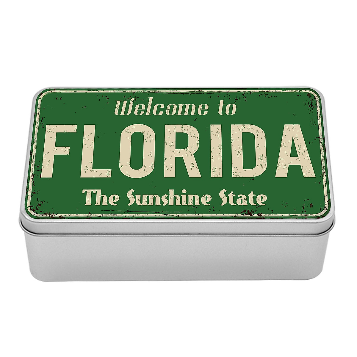 Ambesonne Florida Tin Box, Welcome to Florida Old and Rusty Graphic Sign Design The Sunshine State, Portable Rectangle Metal Organizer Storage Box with Lid, 7.2" X 4.7" X 2.2", Fern Green and Beige