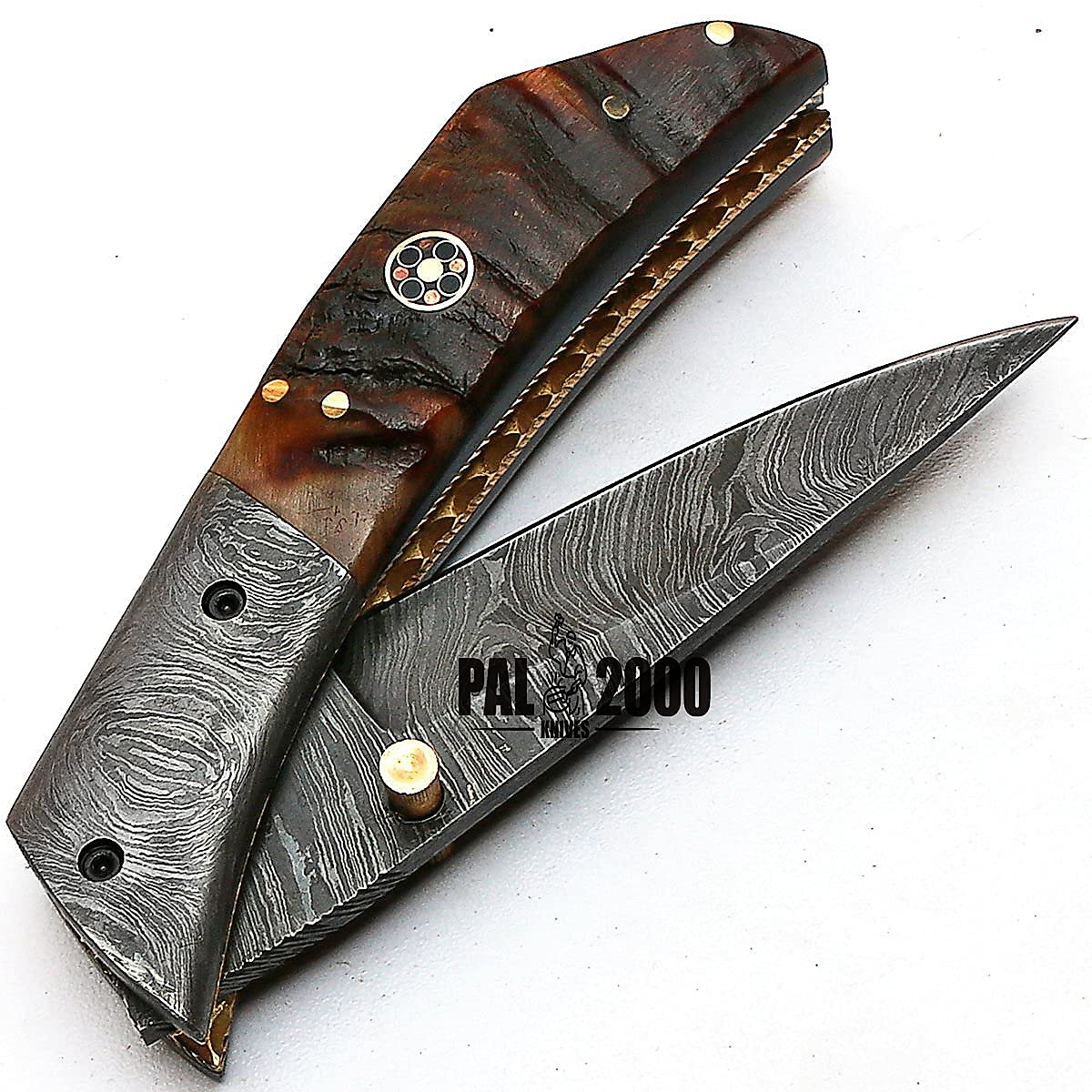 PAL 2000 HUNTING KNIVES Mmgn-8837 - Damascus Folding Knife - Handmade Damascus Steel - Damascus Pocket Knife - Ram Horn Handle, Black, Brown and Gray,
