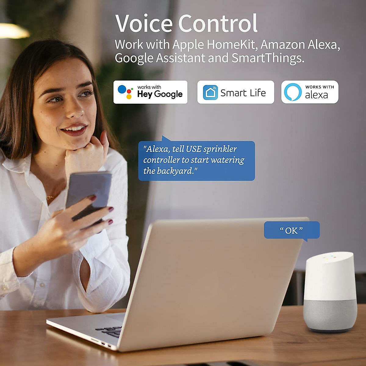 US:E Smart Sprinkler Controller, 8 Zone Watering Timer & Weather Intelligent Irrigation System, Compatible with Alexa and Google Assistant, App Remote & Voice Control, Rain Freeze and Snow Skip