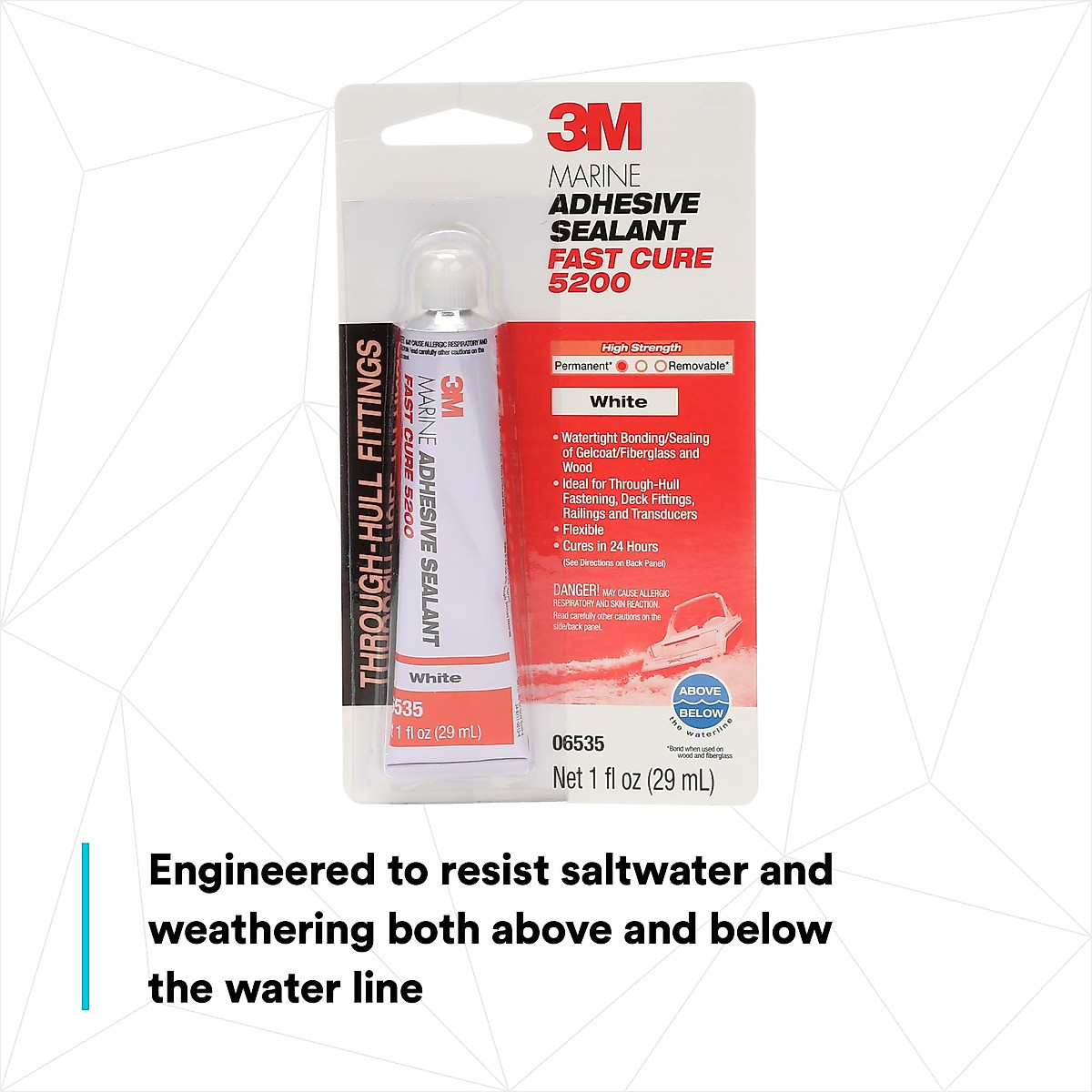 3M Marine Adhesive Sealant Fast Cure 5200 (05220) Permanent Bonding and Sealing for Boats and RVs Above and Below the Waterline Waterproof Repair, White, 3 fl oz Tube