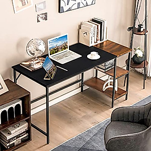 COSTWAY 55” Computer Desk, PC Laptop Desk with Storage Shelves, Large Computer Desk with Splice Board, Adjustable Foot Pads, Industrial Home Office Desk for Writing, Study, Game (Black)