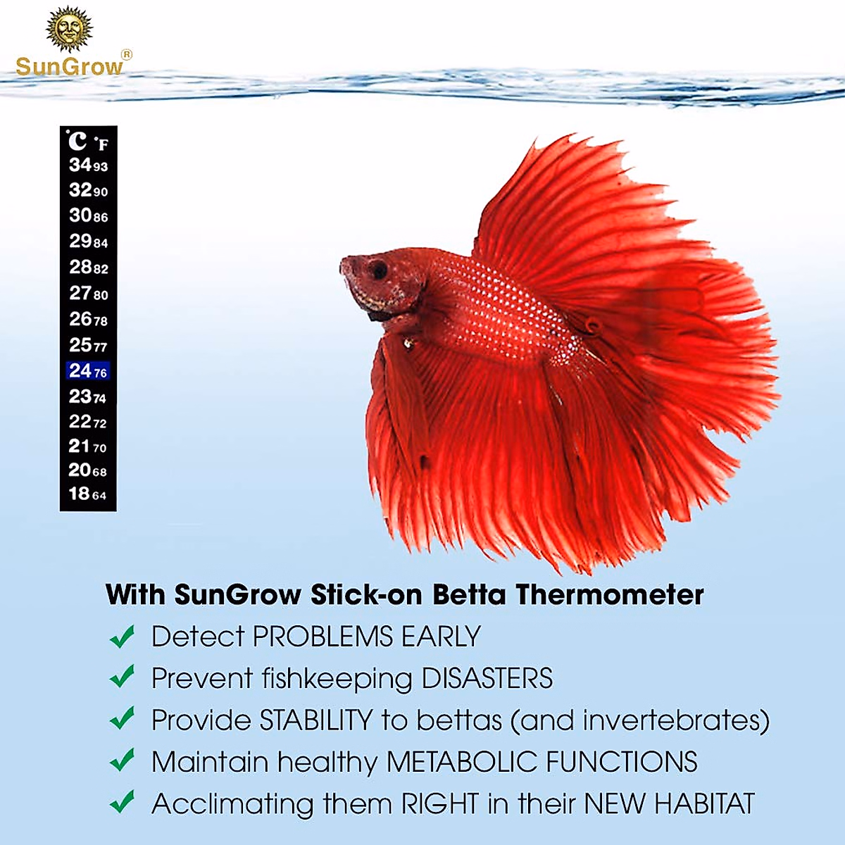 SunGrow Betta Fish Tank Thermometer Stick On, Aquarium Temperature Sticker Strip, 5.2 x 0.7 Inches, Green & Blue Temperature Indicator, Amphibian and Reptile Thermometer Sticker, Black, 1 Pc