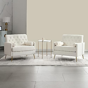 Guyou Modern Accent Chair, White Sherpa Upholstered Tufted Armchair Reading Chair Sofa Chair with Removable Cushion and Gold Legs for Living Room Bedroom Office Chatting Room