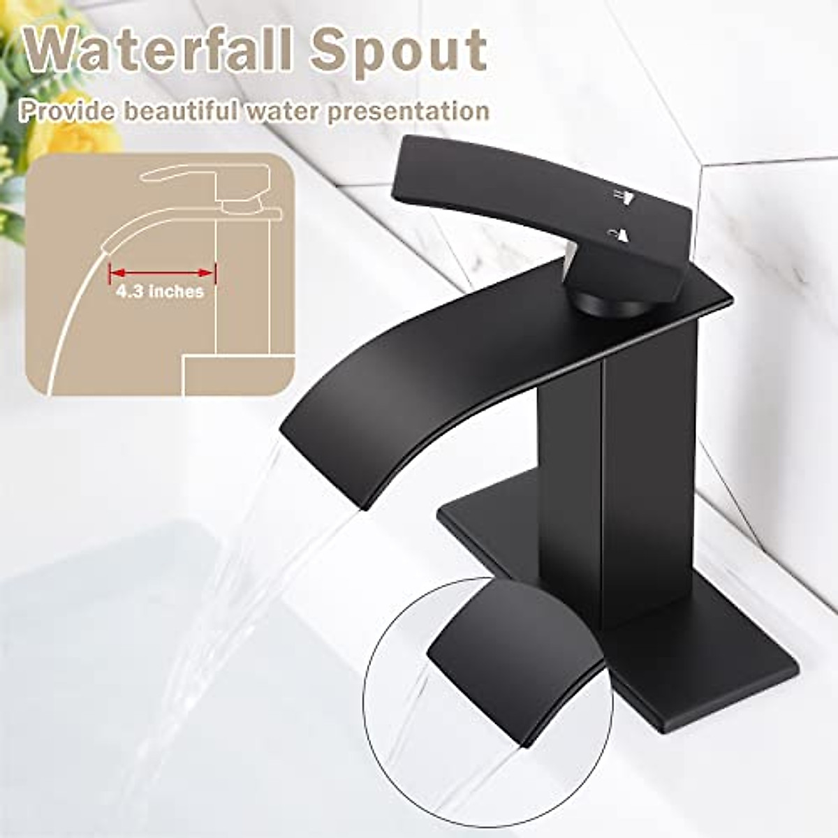 Qomolangma Black Waterfall Spout Bathroom Faucet, Single Handle Bathroom Vanity Sink Faucets, Rv Lavatory Vessel Faucet Suitable for 1 or 3 Holes with 6 Inch Deck Plate & Hose Matte Black