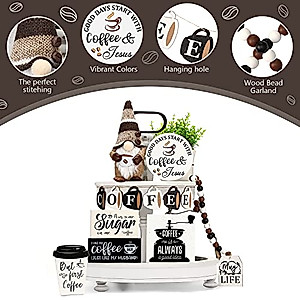 13 Pieces Coffee Bar Tiered Tray Decor Signs Set Coffee Plush Gnome Coffee Bar Wooden Signs Coffee Flag Wooden Bead Garland Decoration for Coffee Bar Coffee Station Shelf Mantel