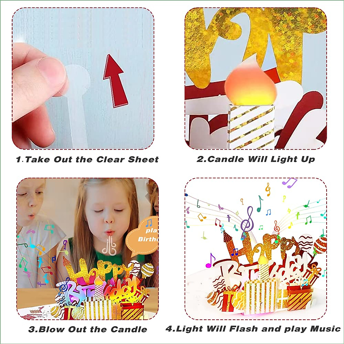 DMHZNB 3D Musical Birthday Card, LED Light and Play Happy Birthday Music Pop Up Card, Blowable LED Light Candle,Play Happy Birthday Music,