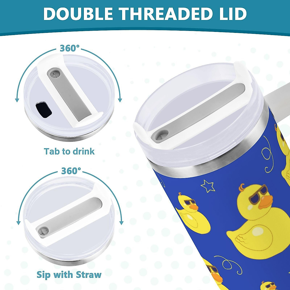 Doodle Cute Yellow Duck Blue Tumbler with Handle and Straw Lid, Cartoon Animal 40 oz Insulated Coffee Cup Stainless Steel Water Bottle Travel Mug Cupholder Friendly,Gifts for Women Men
