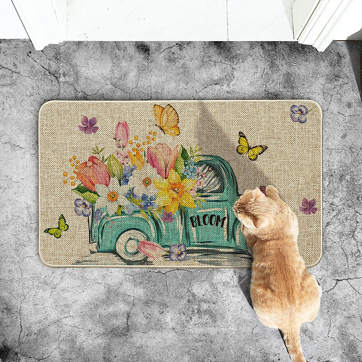 Artoid Mode Spring is in The Air Decorative Doormat, Seasonal Tulips Truck Spring Holiday Low-Profile Floor Mat Switch Mat for Indoor Outdoor 17 x 29 Inch