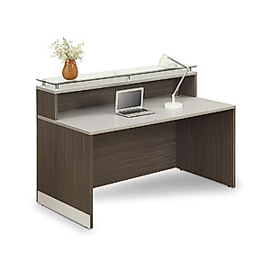 NBF Modern Reception Desk Counter Office Lobby Salon Retail Checkout Desk Compact 63" W x 32" D Mahogany Laminate