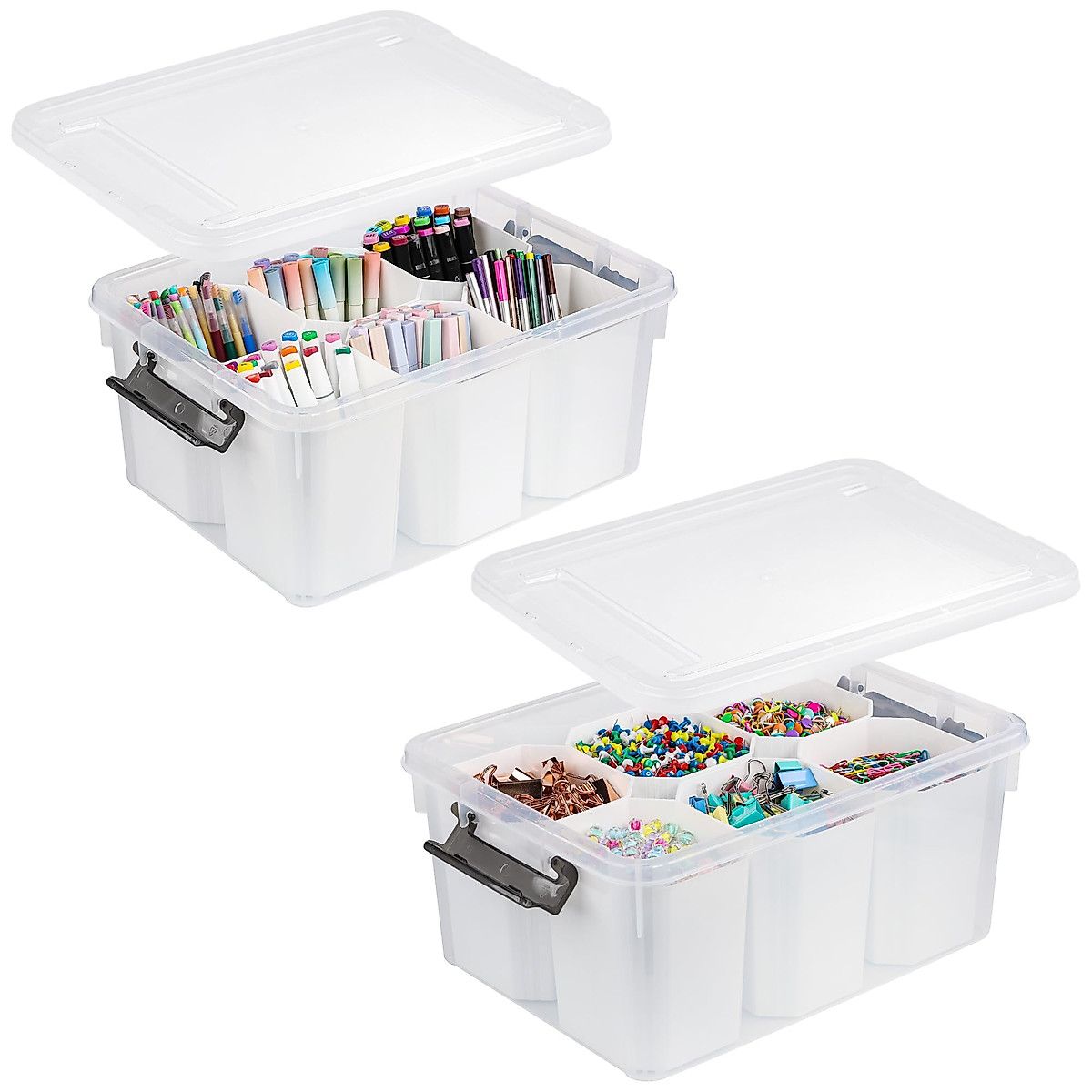 Tiawudi 2 Pack 17 QT Plastic Storage Containers with Lid, Art Supply Storage Organizer with 6 Detachable Inserts, Clear Stackable Storage Box for Craft, Lego, Crayon, Sewing, Bead and Tool