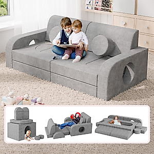 Betterhood 14pcs Modular Kids Play Couch, 1000+DIY Versatile Kids Couch Building Fort, Child Sectional Sofa for Playroom Bedroom, Convertible Foam Couch Sofa for Boys & Girls, Grey