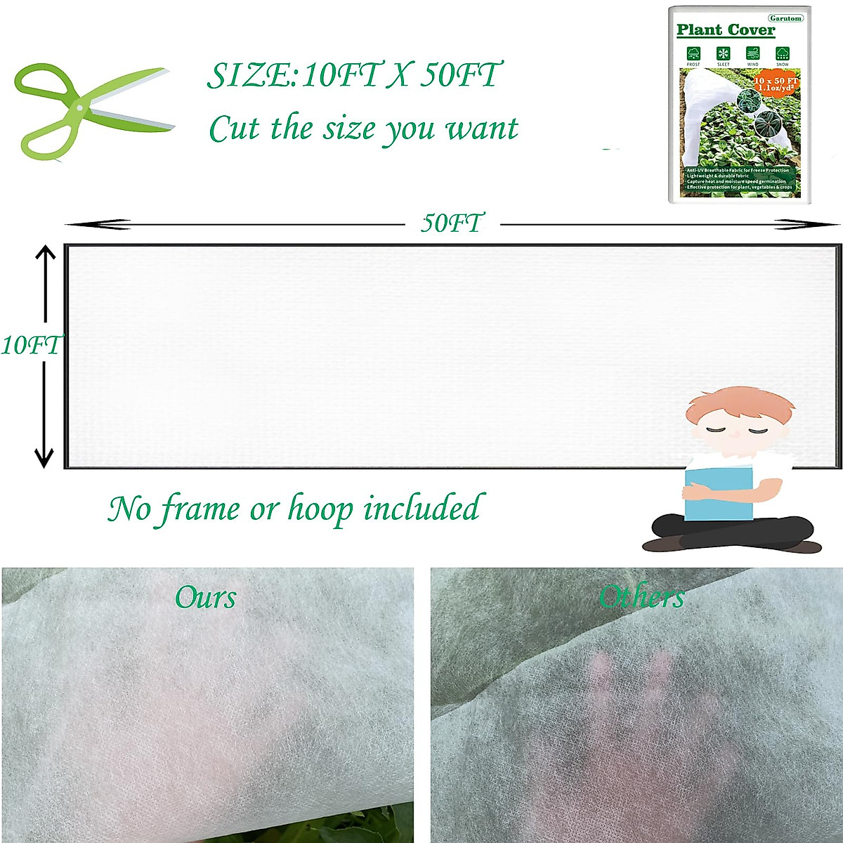 Garutom Plant Covers Freeze Protection 10ft x 50ft 1.1 oz Frost Cloth Plant Freeze Protection, Frost Blankets for Outdoor Plants Winter or Floating Row Covers Shade Cloth for Gardens, Vegetables