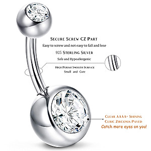 Sllaiss Belly Button Rings For Women 925 Sterling Silver 14G Bar 8mm CZ Round Ball Navel Barbell Stud Body Piercing Jewelry