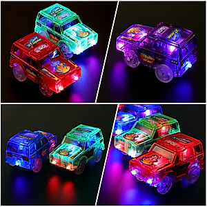 Save Unicorn Tracks Cars only Replacement, Toy Cars for Tracks Glow in The Dark, Car Tracks Accessories with 5 Flashing LED Lights, Compatible with Most Car Tracks for Kids Boys and Girls(4pack)