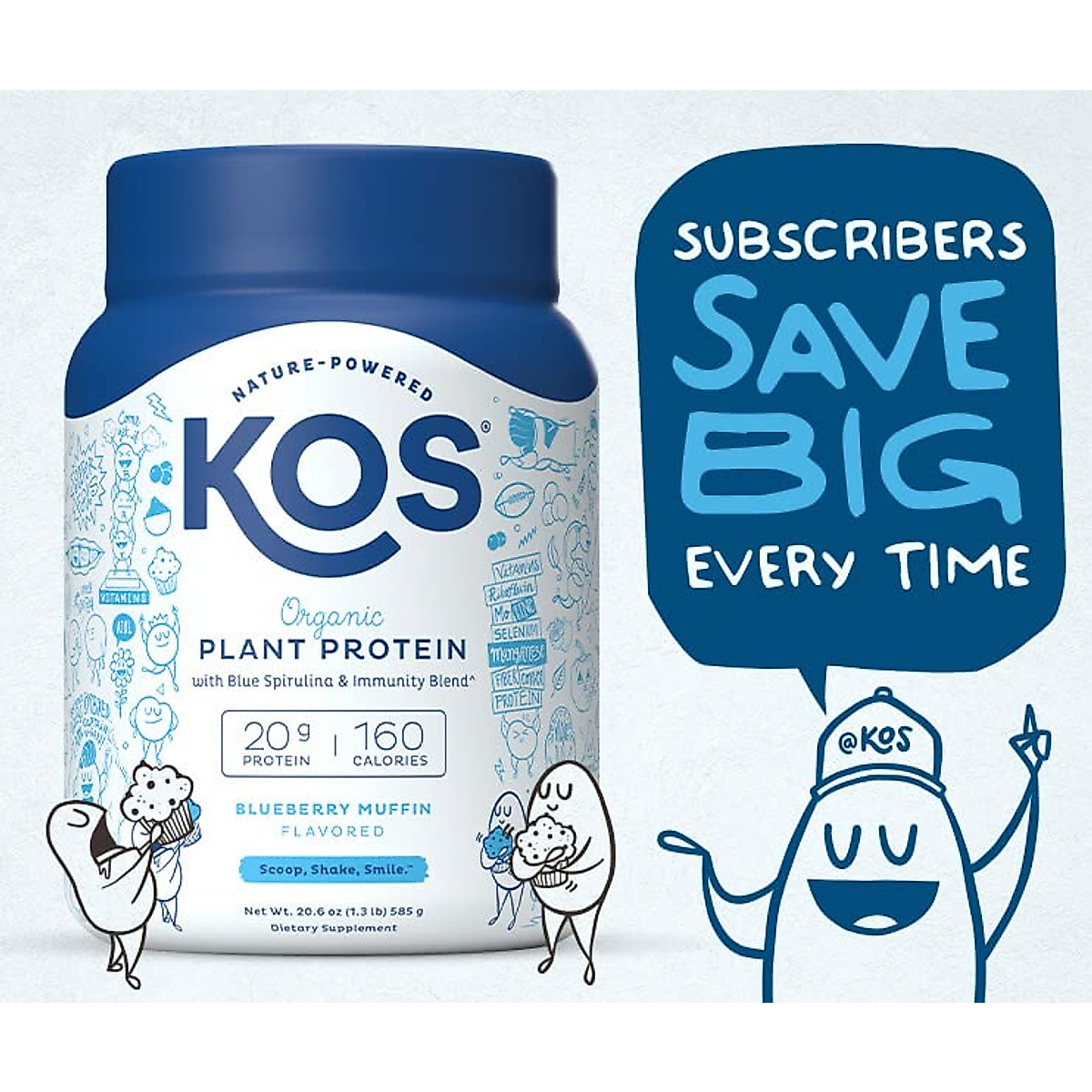 KOS Plant Based Protein Powder, No Erythritol, Blueberry Muffin - Organic Pea Protein Blend, Superfood with Spirulina & Immune Support Blend - Dairy Free, Meal Replacement for Women & Men, 15 Servings