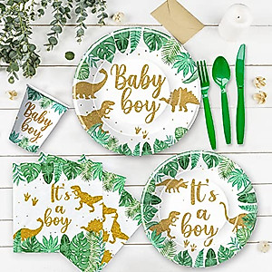 HIPVVILD Dinosaur Baby Shower Decorations for Boy - Jungle Safari Theme Baby Shower Party Supplies Include Plates, Cups, Napkins, Tablecloth, Straws, Cutlery, Dinosaur Baby Boy Decorations | Serve 24