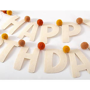 Boho Felt Happy Birthday Garland - Natural Handmade Wool Letters & Balls, Boho Birthday Decoration, Decorations for Children's Birthday Parties, Assembled Happy Birthday Banner