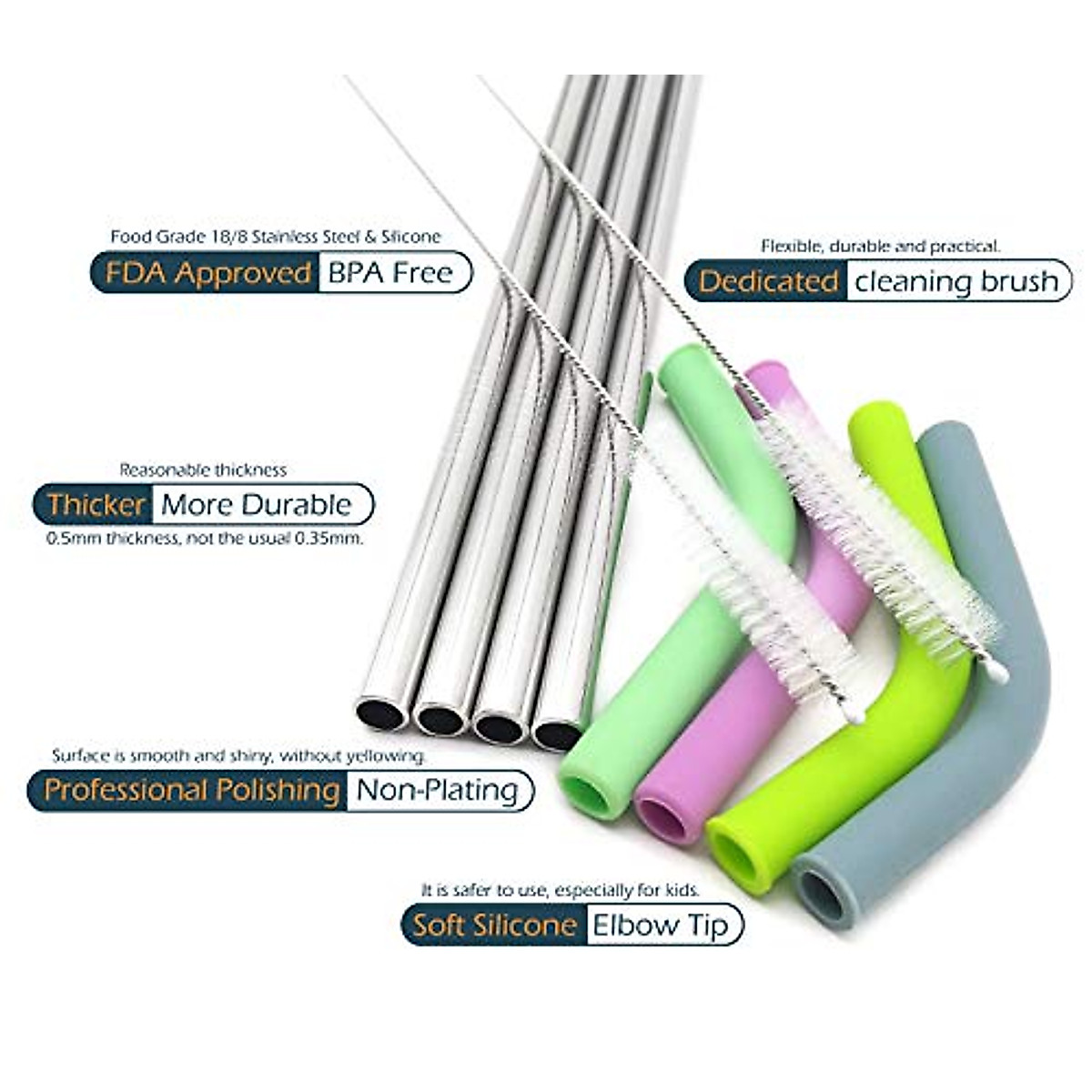 Big Drinking Straws Reusable 13" Extra Long 8mm Extra Wide Food-Grade 18/8 Stainless Steel Silicone Elbows Tips for Smoothie Milkshake Cocktail Juice Hot Drinks - Set of 4 + 2 Cleaning Brushes